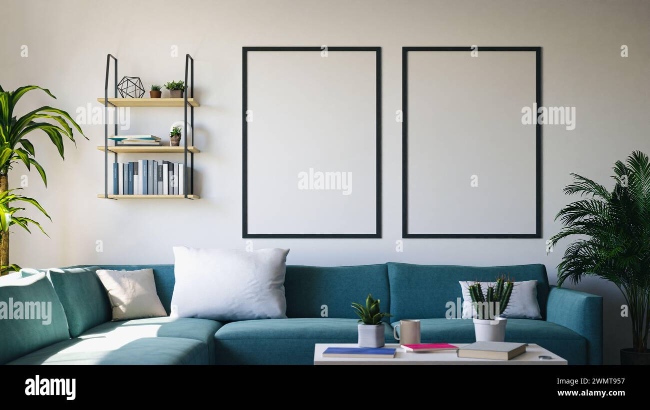 Two A0 size poster frame mock-ups in the living room. 3d rendering ...