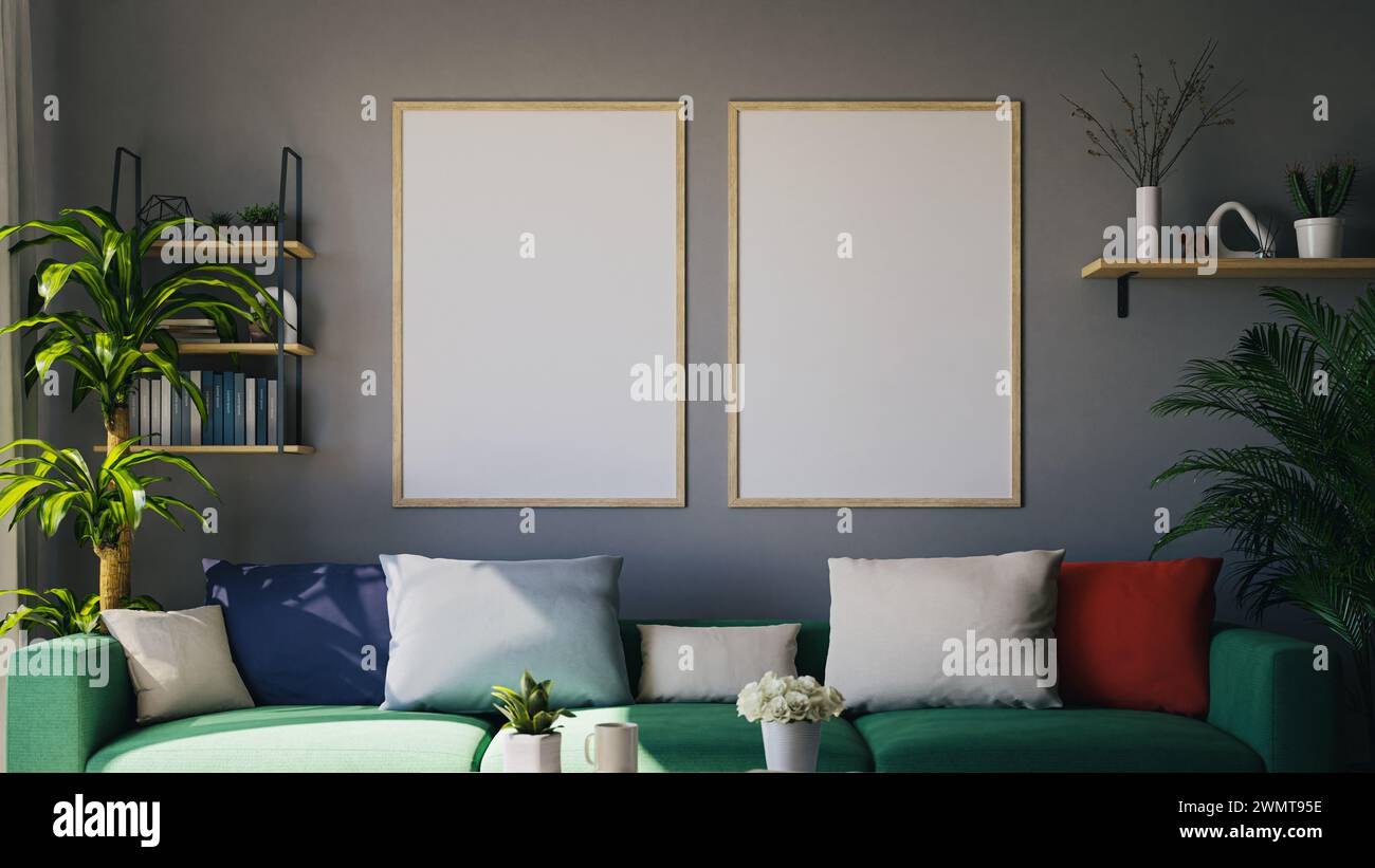 Two A0 size poster frame mock-ups in the living room. 3d rendering ...