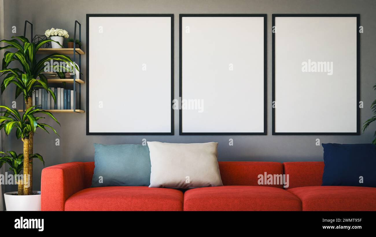 Three A0 size poster frame mockups in the living room. 3d rendering ...