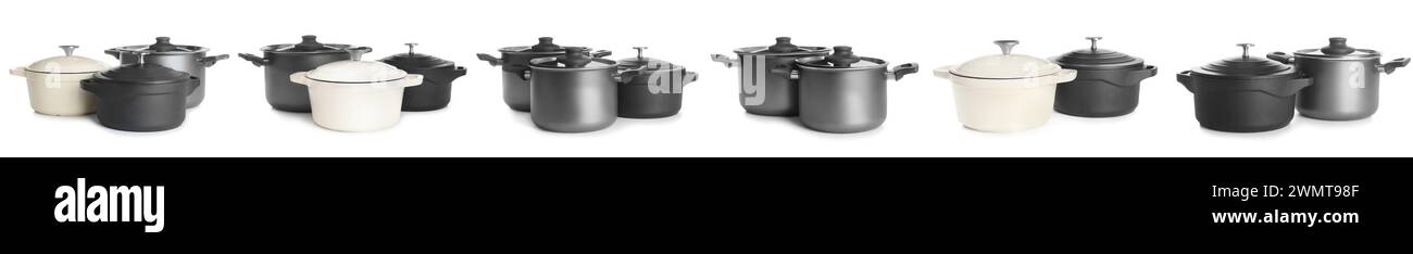 Set of many cooking pots isolated on white Stock Photo - Alamy