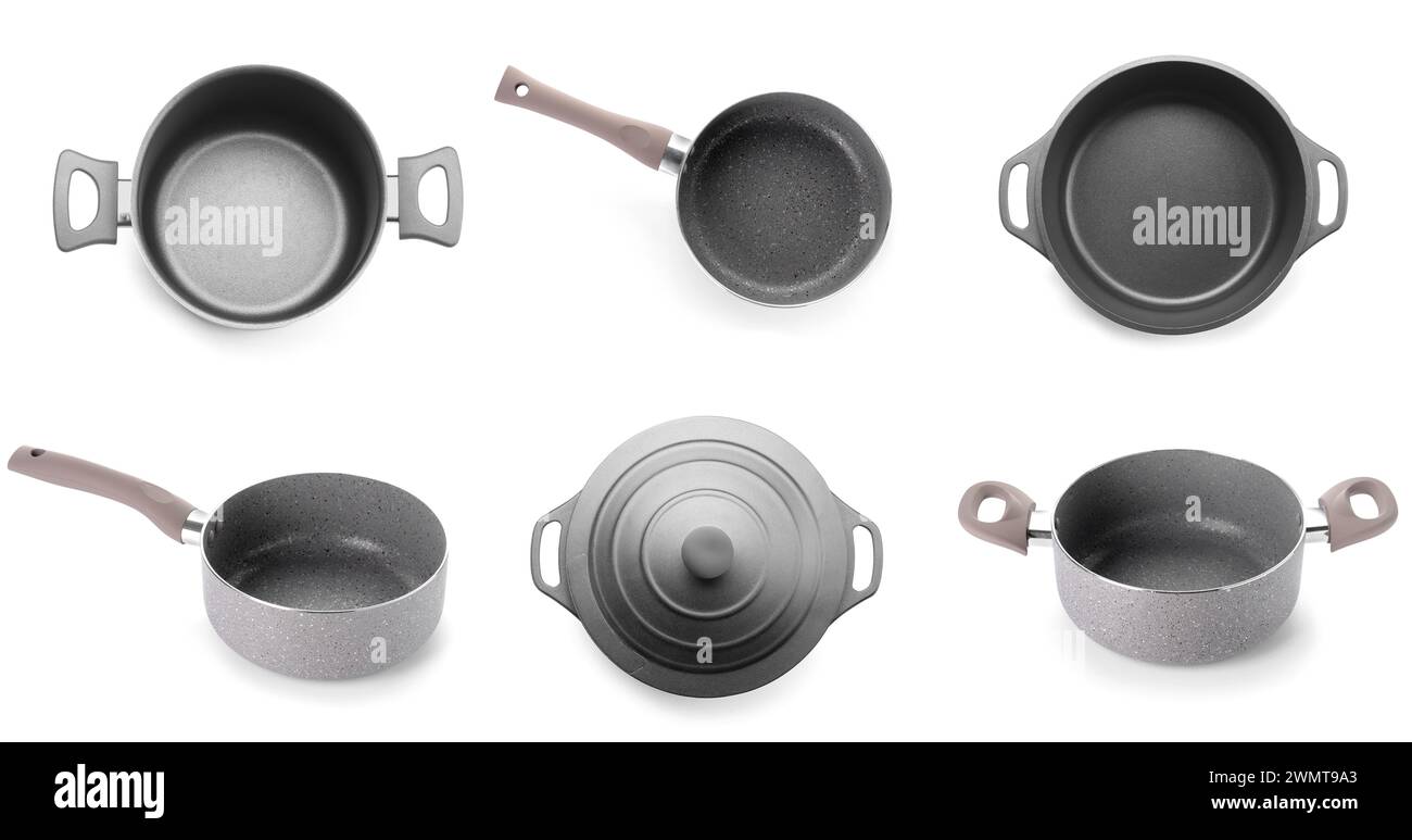 Set of different cooking pots isolated on white Stock Photo - Alamy