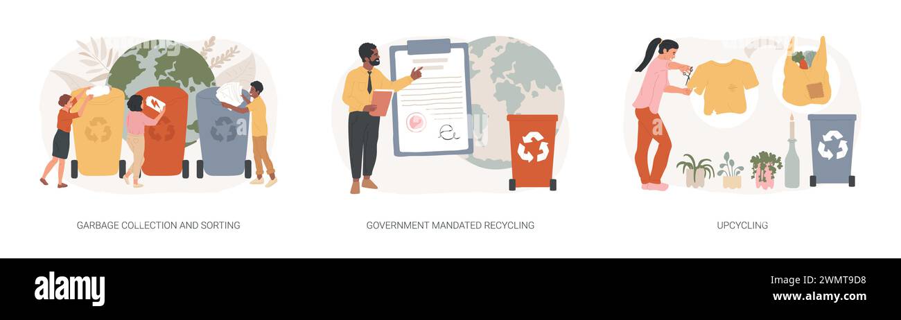 Waste disposal and reuse isolated concept vector illustration set. Garbage collection and ...