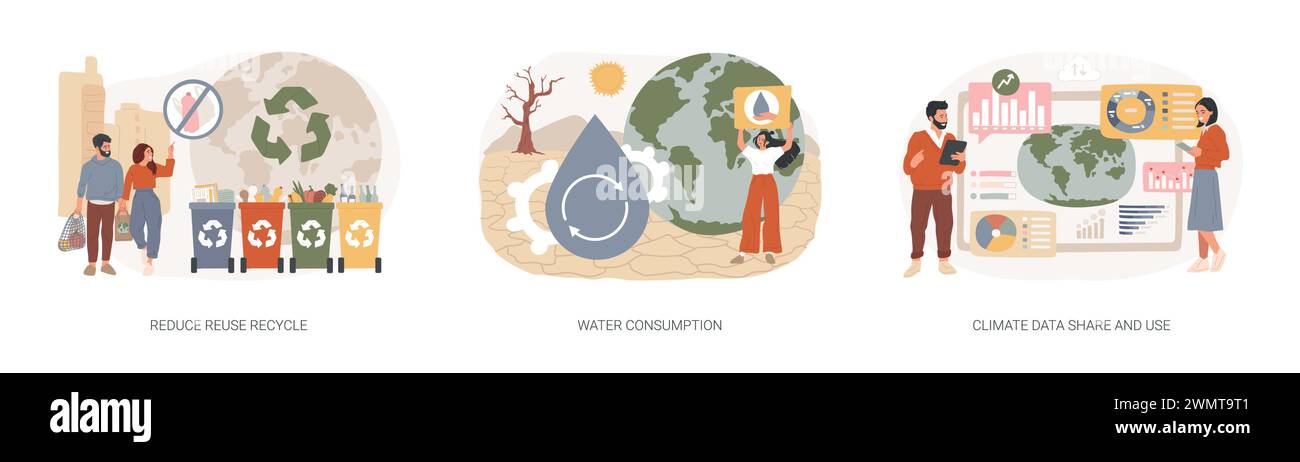 Save the planet isolated concept vector illustration set. Reduce Reuse Recycle, water ...