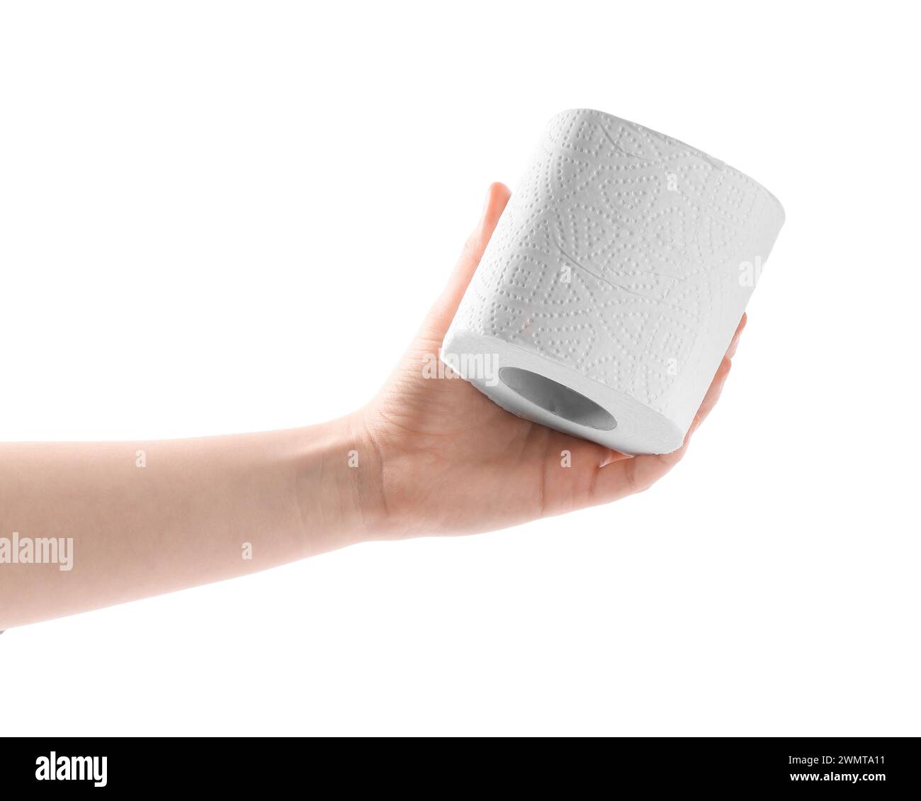 Woman holding toilet paper roll on white background, closeup Stock ...