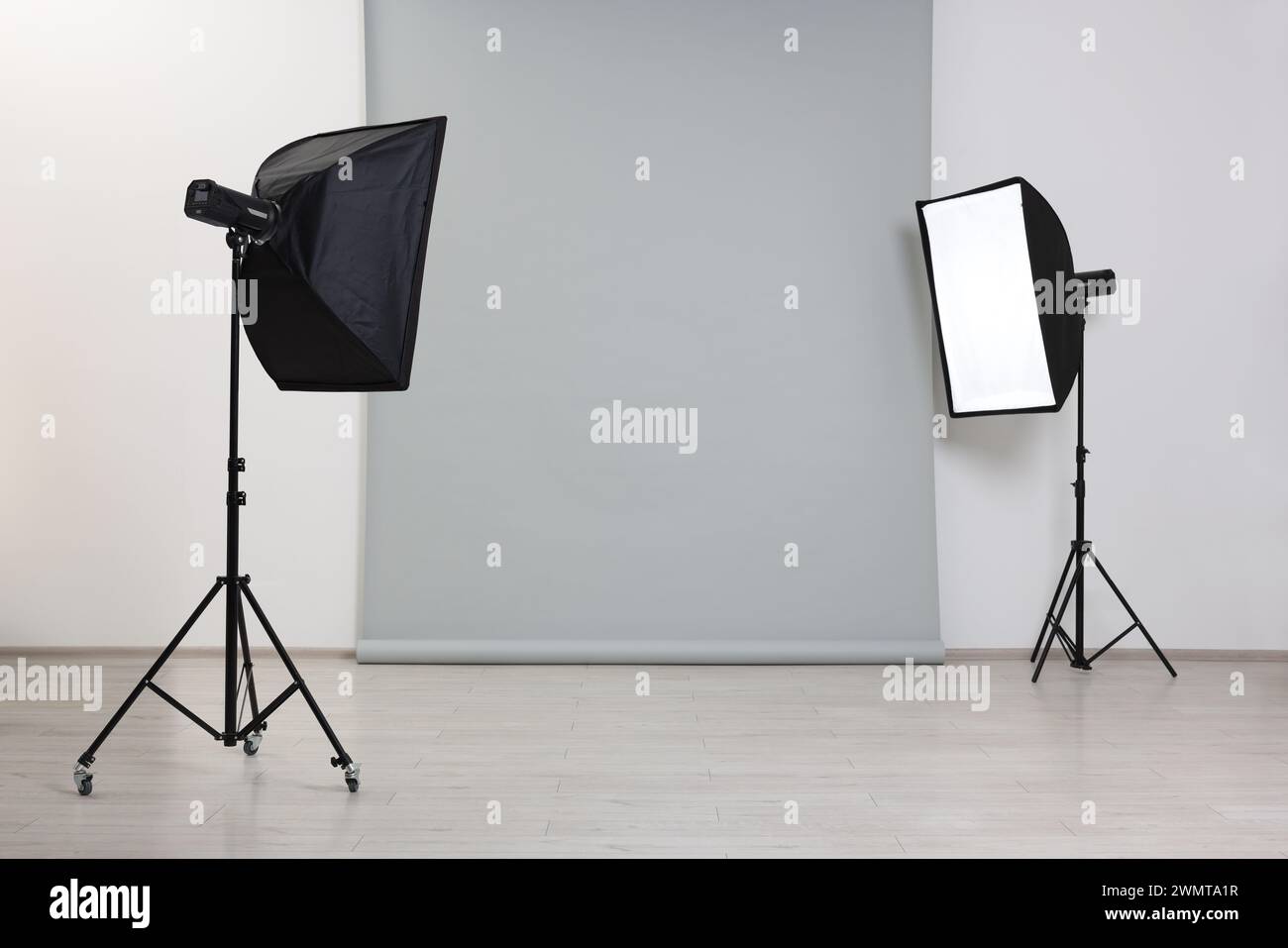 Modern light grey photo background and softboxes in studio Stock Photo ...