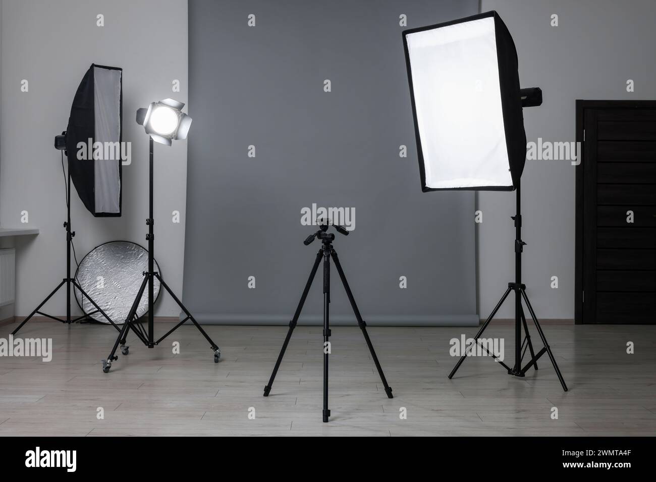 Modern light grey photo background and professional lighting equipment ...