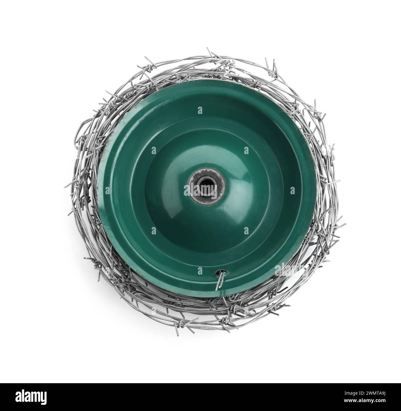 Coil of metal barbed wire isolated on white, top view Stock Photo - Alamy