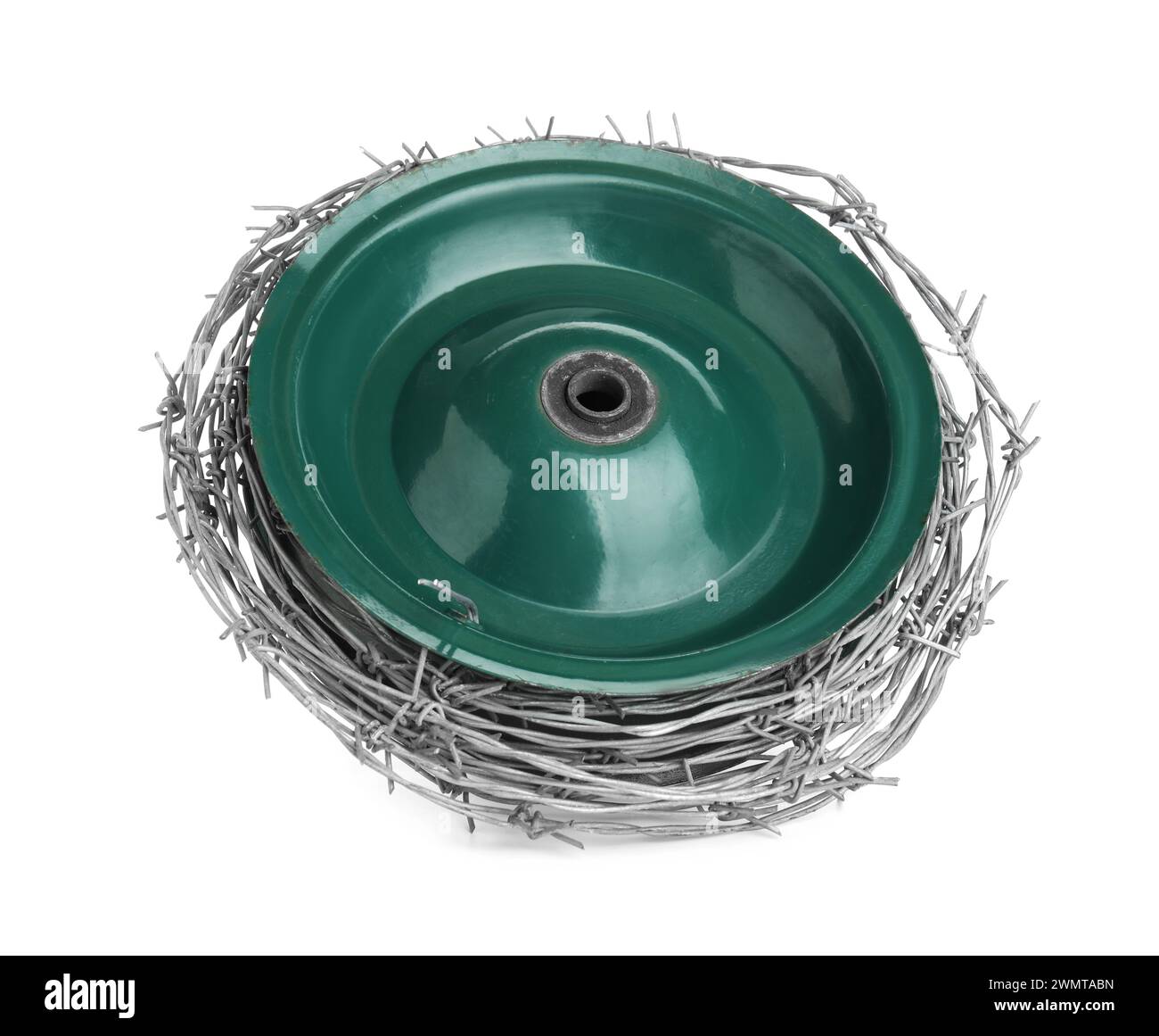 Coil of metal barbed wire isolated on white Stock Photo - Alamy