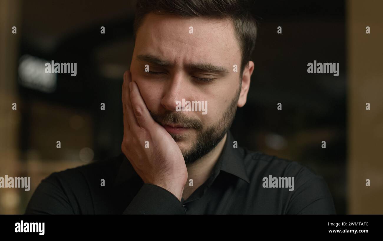 Unhealthy sick Caucasian guy businessman man has toothache oral illness ...