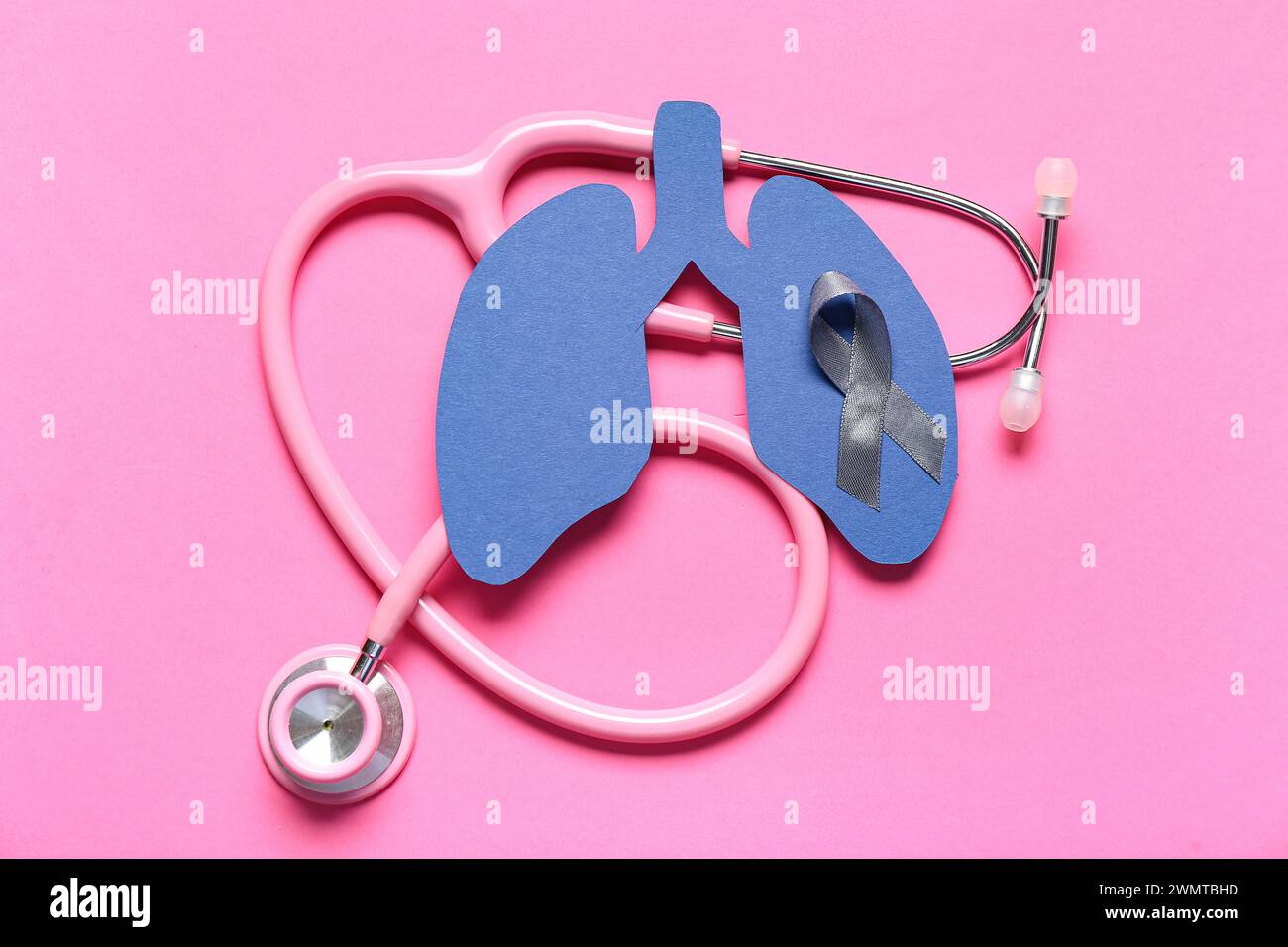 Blue paper lungs with ribbon and stethoscope on pink background Stock ...