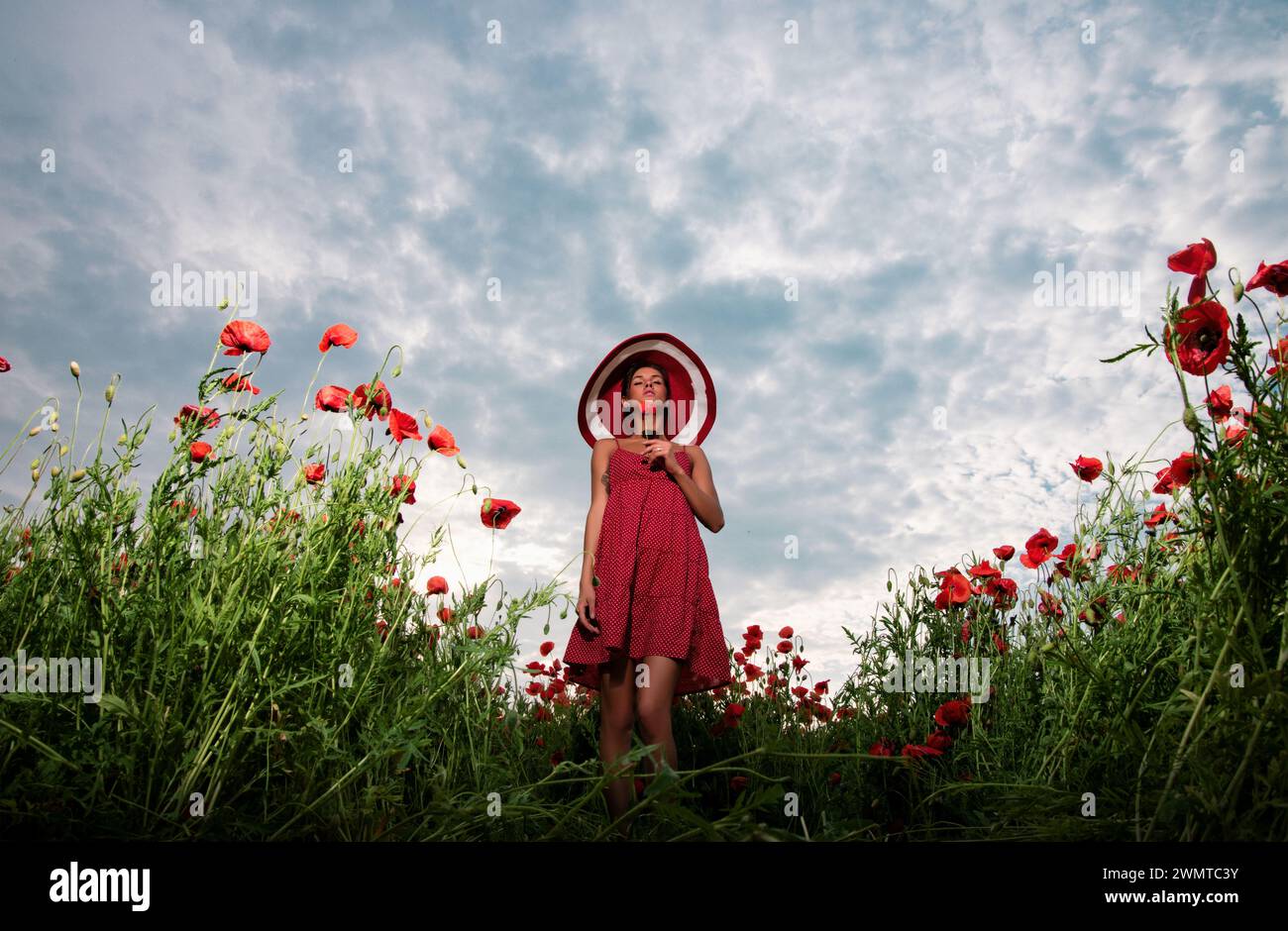 Pretty lady in short dress on poppy field. Positive magical girl on ...