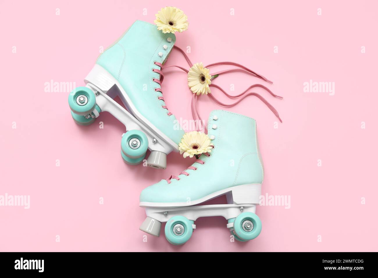Composition with roller skates and flowers on pink background ...