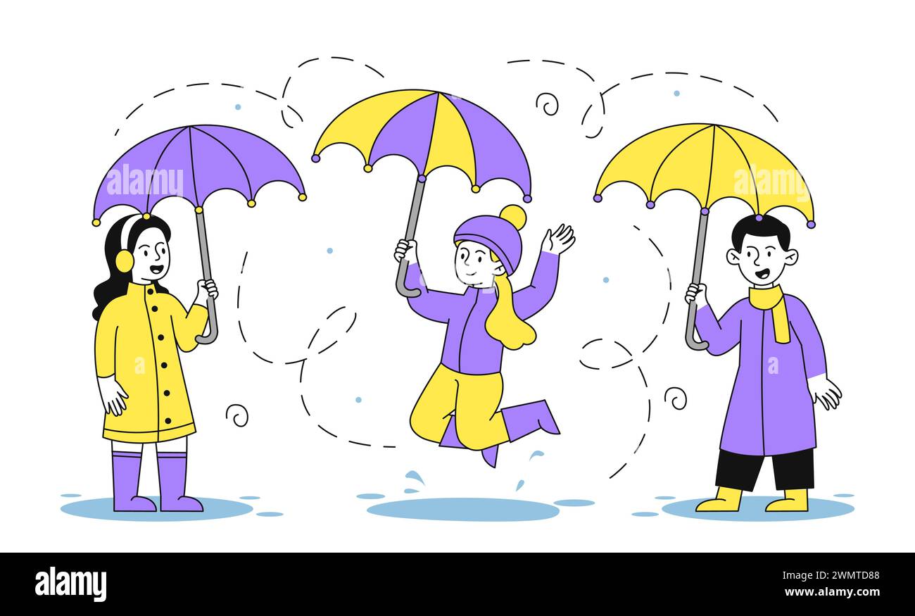 Kids under rain vector linear Stock Vector Image & Art - Alamy