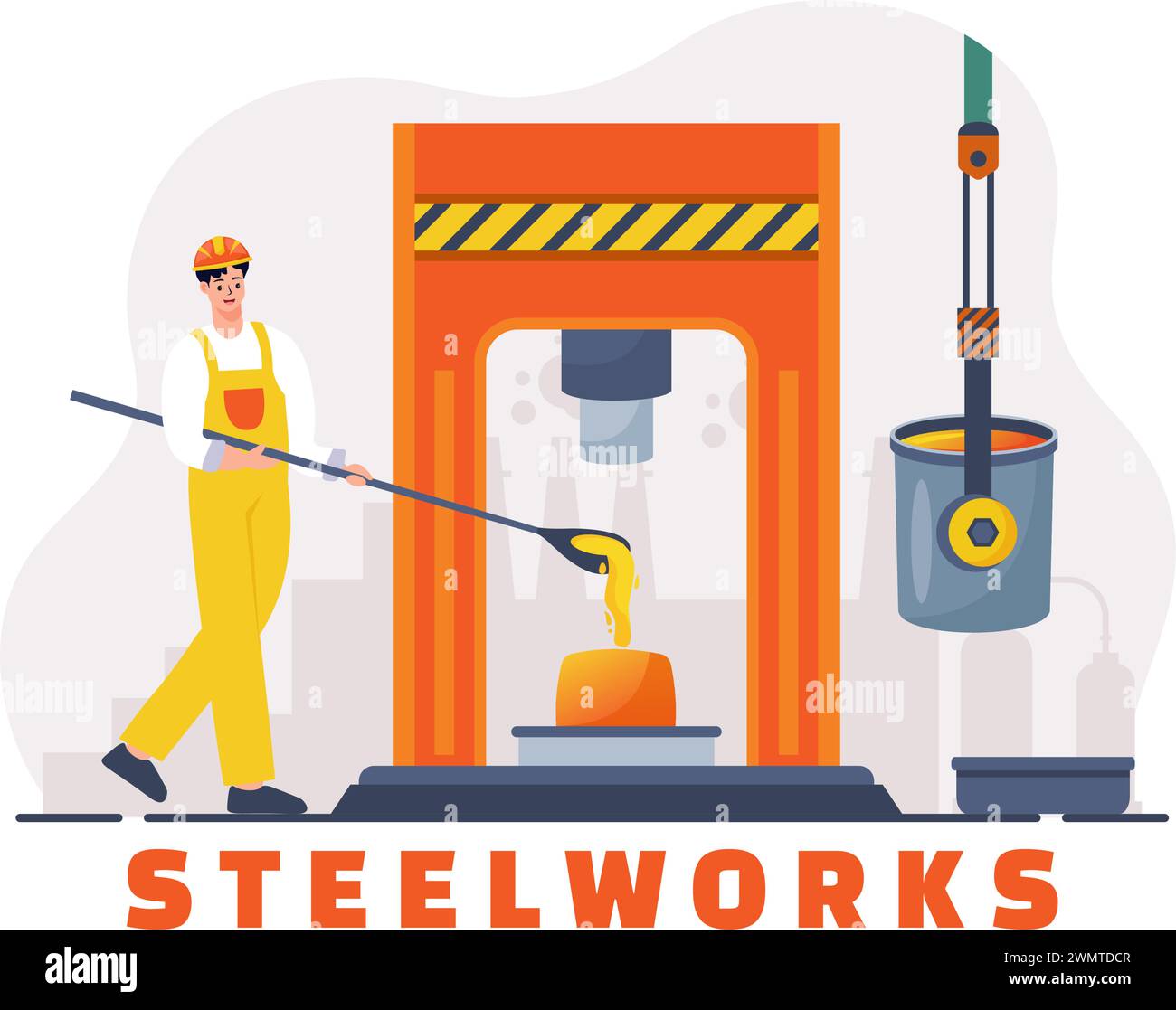 Steelworks Vector Illustration with Resource Mining, Smelting of Metal in Big Foundry and Hot ...