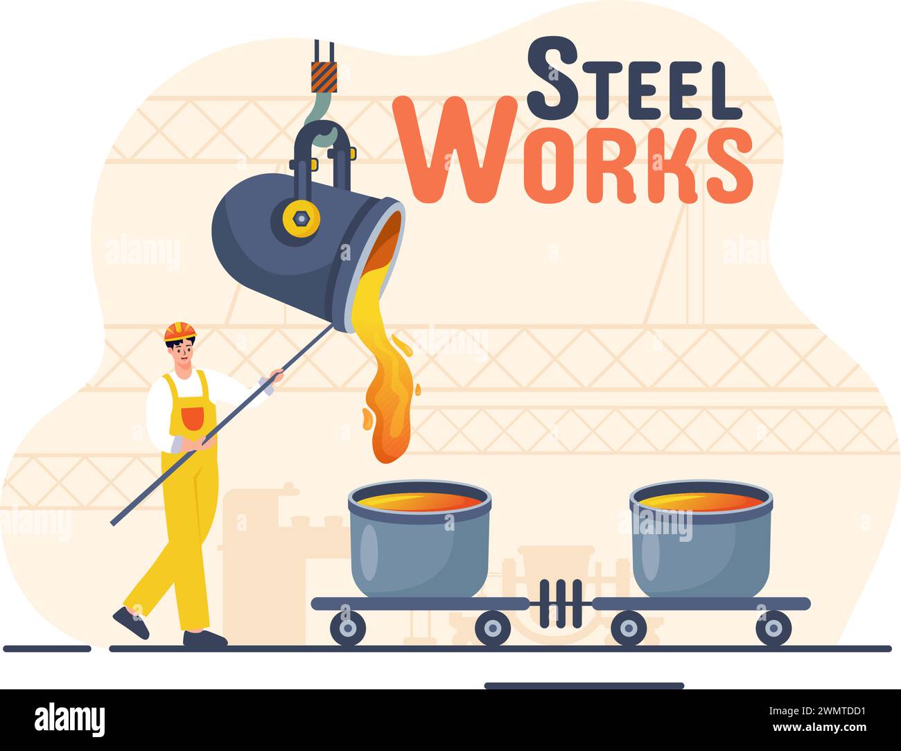 Steelworks Vector Illustration with Resource Mining, Smelting of Metal in Big Foundry and Hot ...