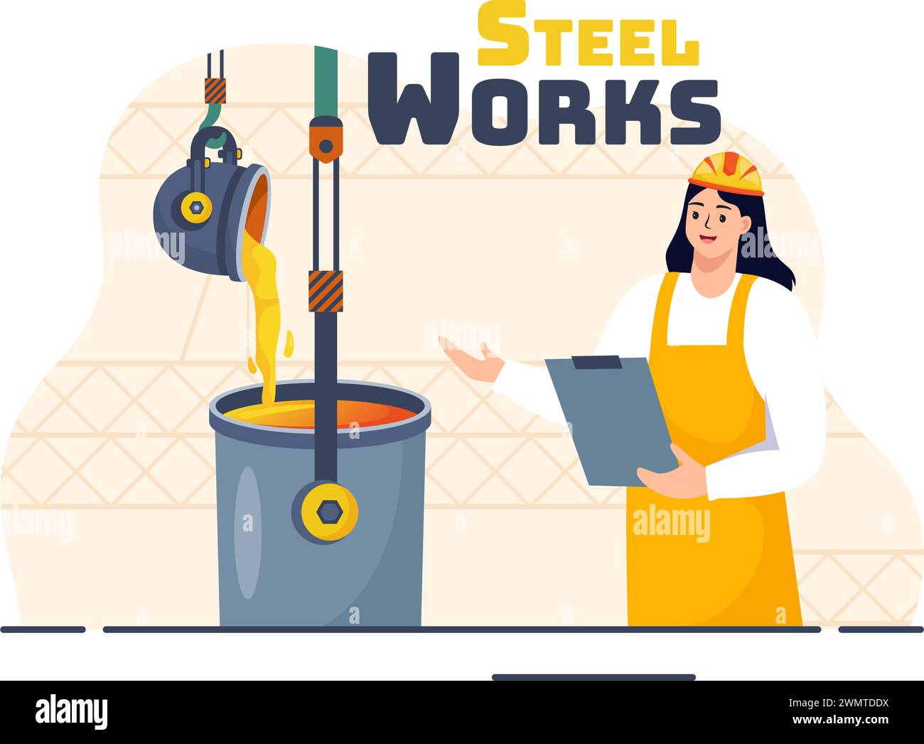 Steelworks Vector Illustration with Resource Mining, Smelting of Metal in Big Foundry and Hot ...