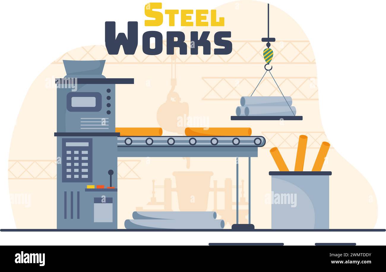 Steelworks Vector Illustration with Resource Mining, Smelting of Metal ...