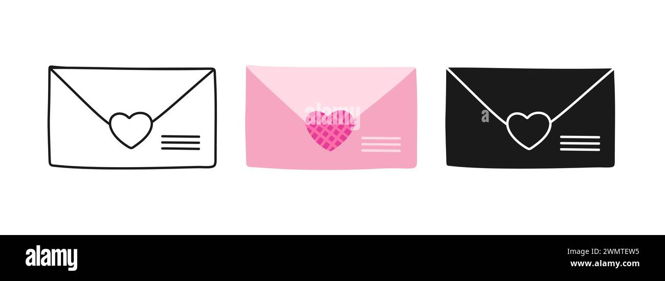 Mail envelope icon set. Cartoon email symbol post letter and doodle ...