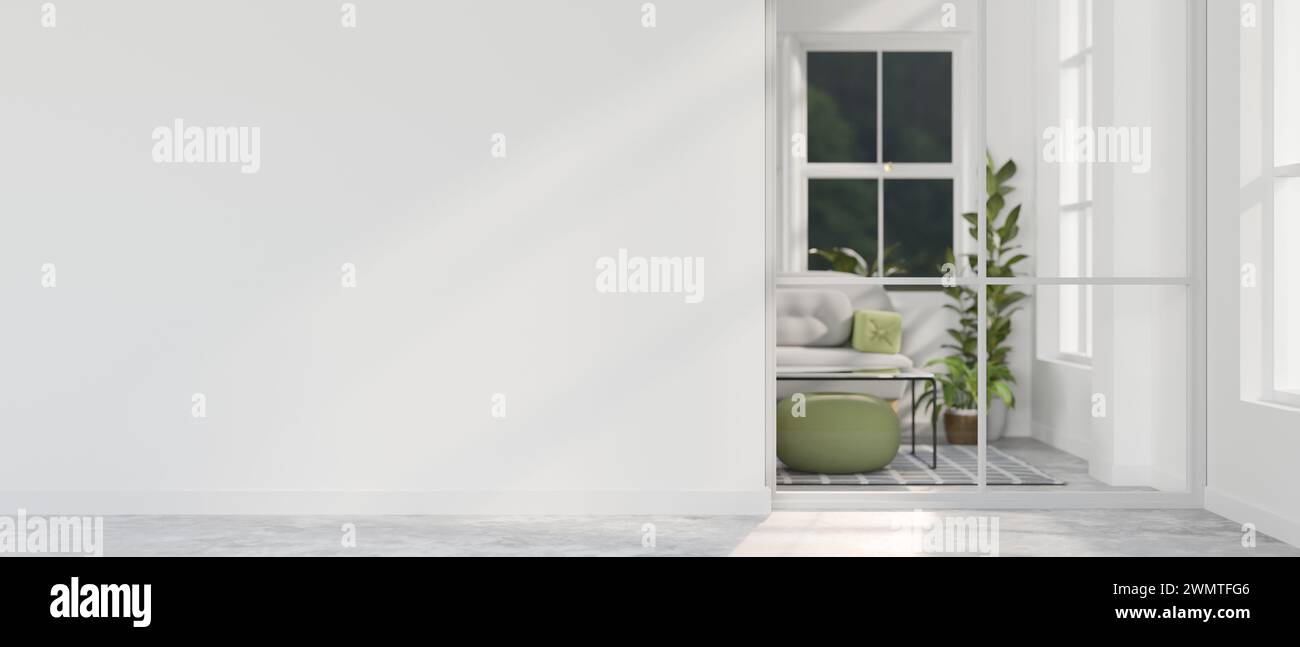 A front view of a modern home corridor in front of a living room ...