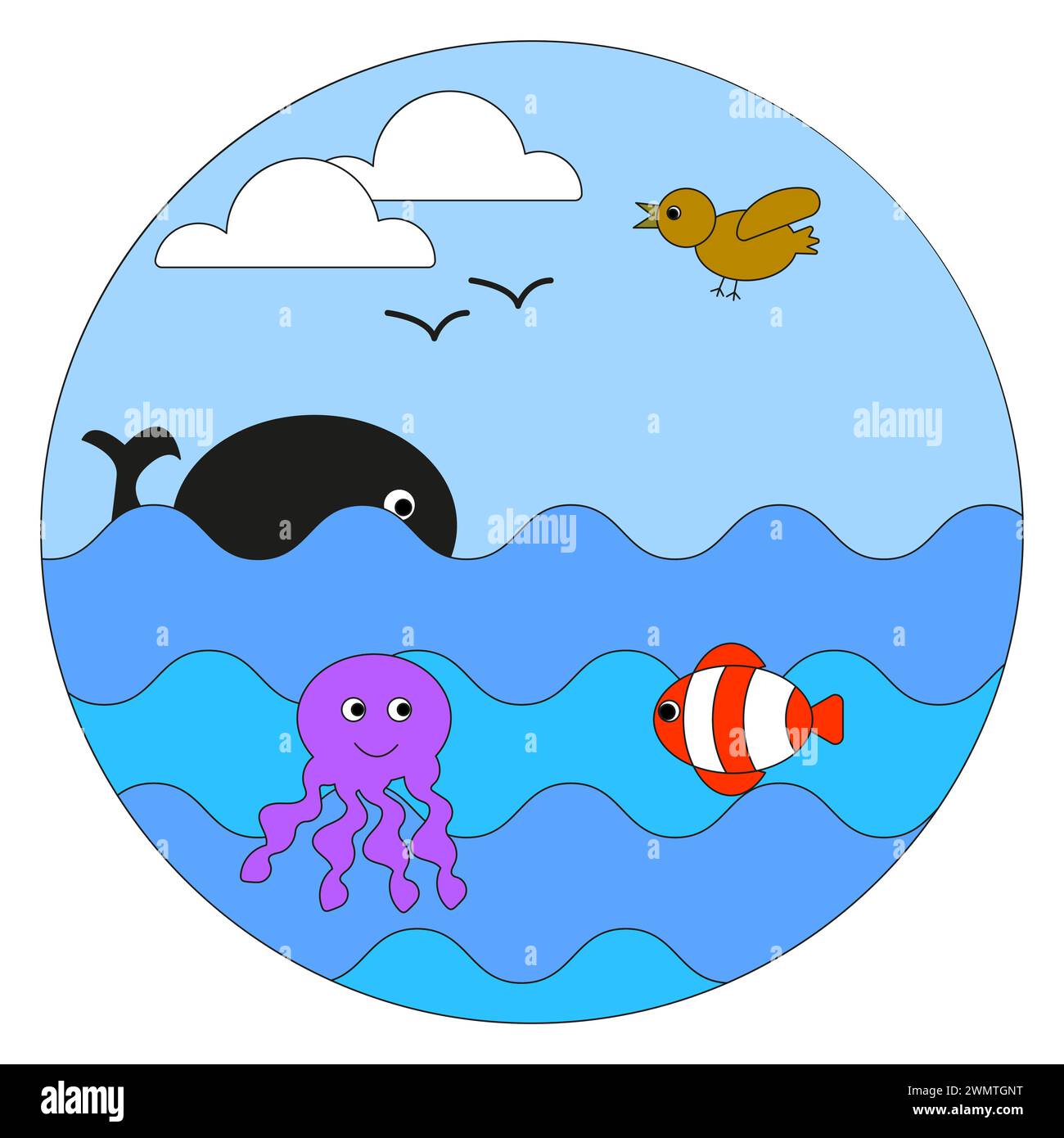 Creation sea life circle. Whale, fish, bird friends. Vibrant ocean ...
