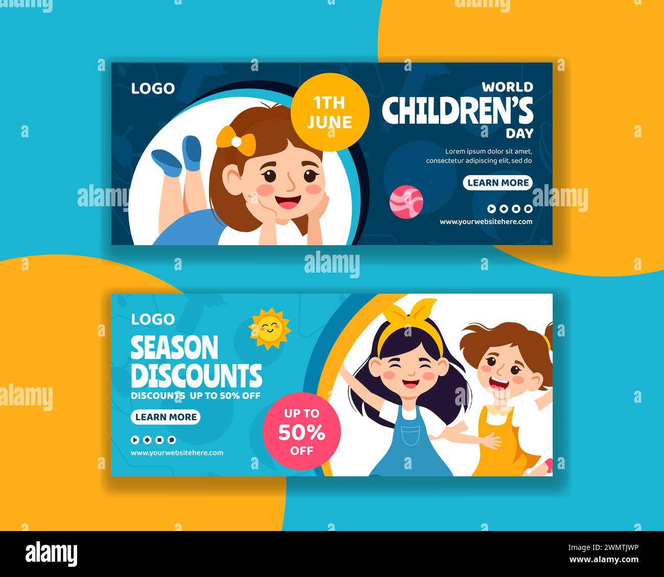Children Day Horizontal Banner Flat Cartoon Hand Drawn Templates ...
