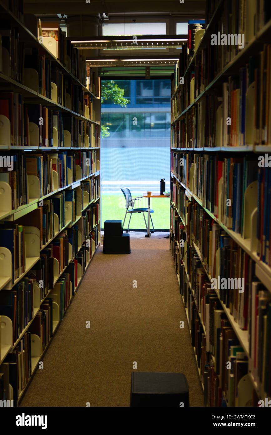 A typical study desk and chair seen at the far end of two towering ...