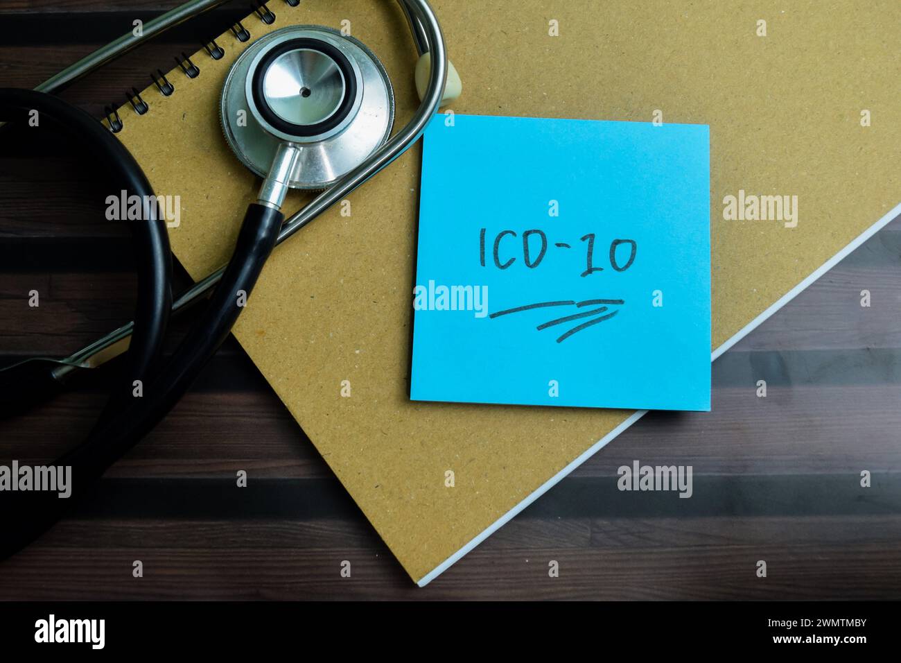 Concept of ICD-10 write on sticky notes with stethoscope isolated on ...