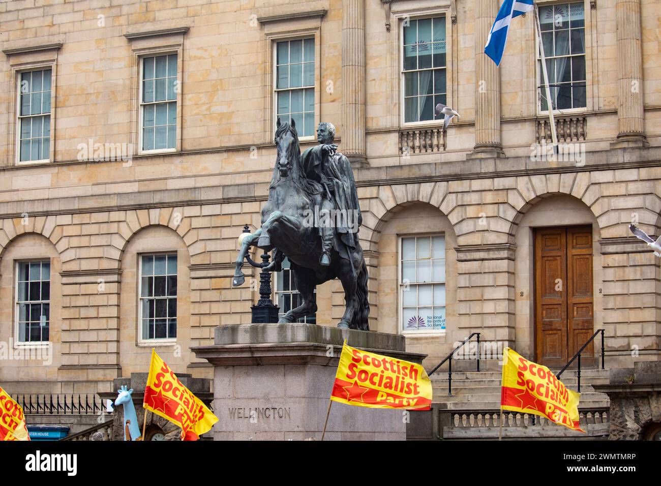 Edinburgh Scotland, Scottish socialist party banners and flags beside ...