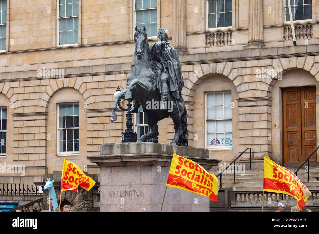 Edinburgh Scotland, Scottish socialist party banners and flags beside ...