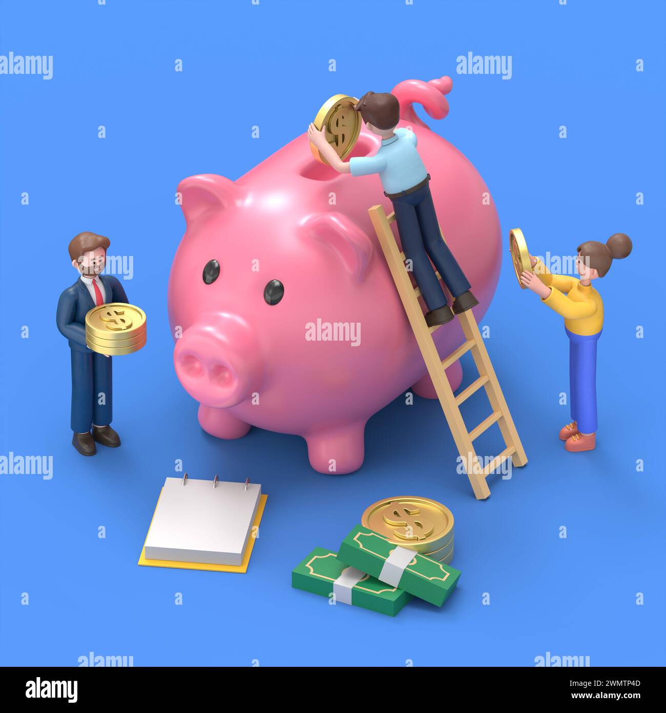 People Characters Collecting Gold Coins in Piggy Bank. Women and Man ...