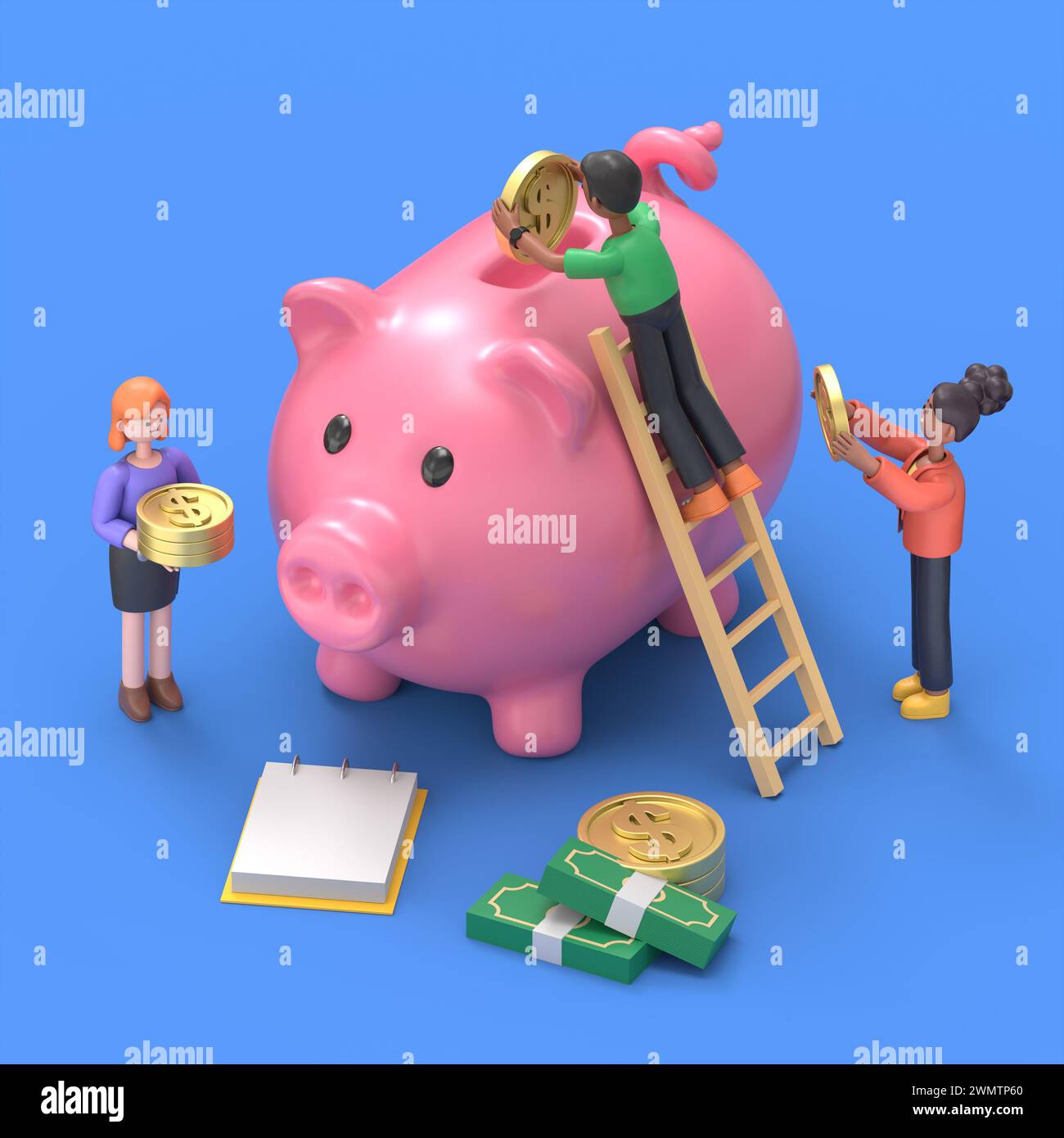 People Characters Collecting Gold Coins in Piggy Bank. Women and Man ...