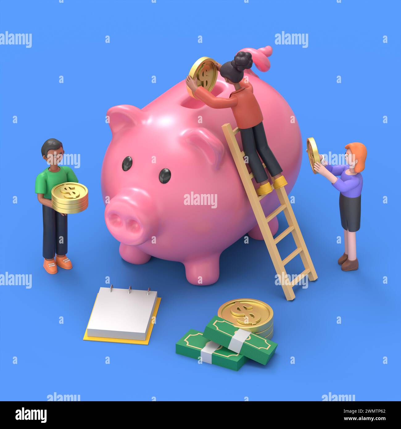 People Characters Collecting Gold Coins in Piggy Bank. Women and Man ...