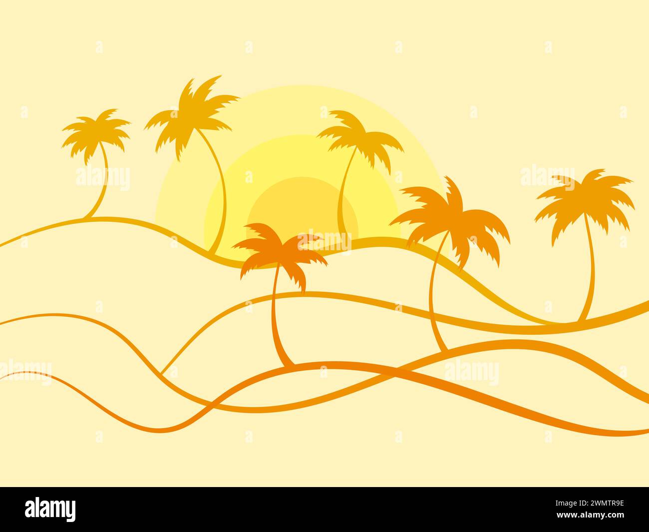 Tropical landscape with palm trees at sunset in a minimalistic style ...