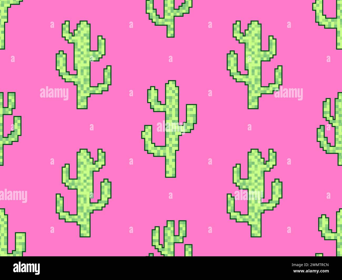 Seamless pattern with cacti in pixel art style. 8-bit green cacti on a ...