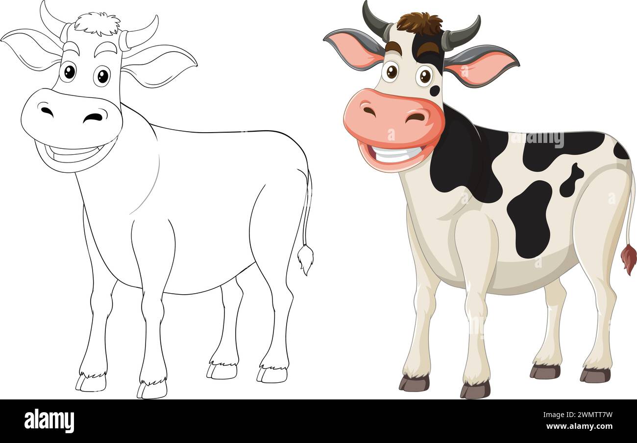 Colorful and outlined cow drawings side by side Stock Vector Image ...