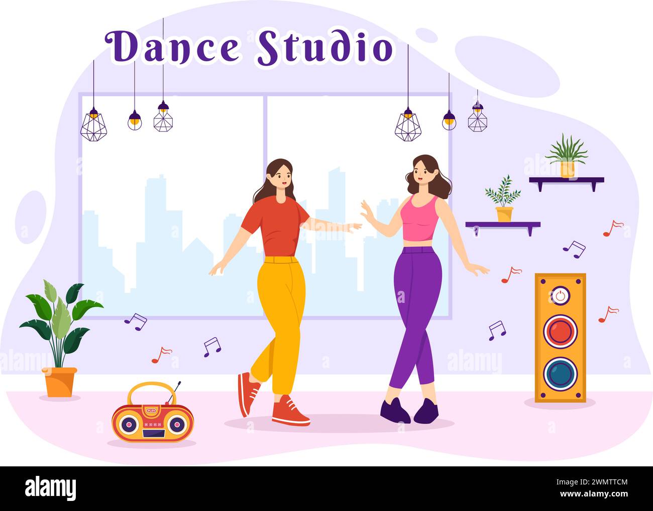 Dance Studio Vector Illustration with Dancing Couples Performing ...