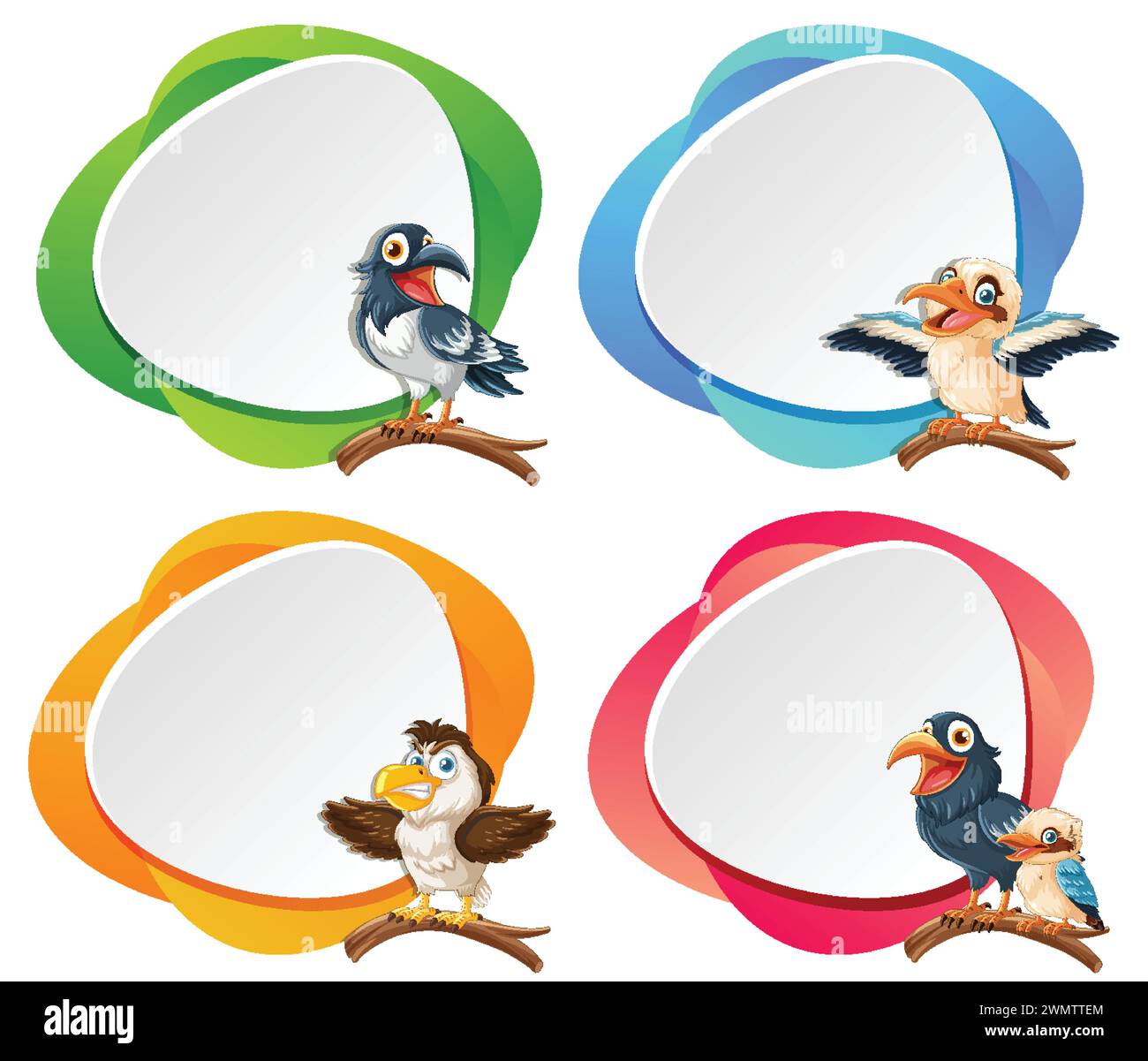 Four cartoon birds perched within vibrant borders Stock Vector Image ...