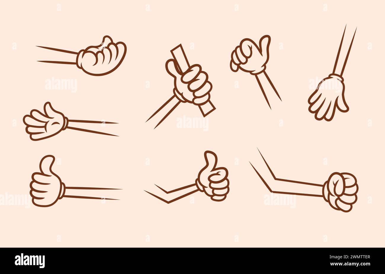 The set includes eight different poses of cartoon hands. The hands are ...