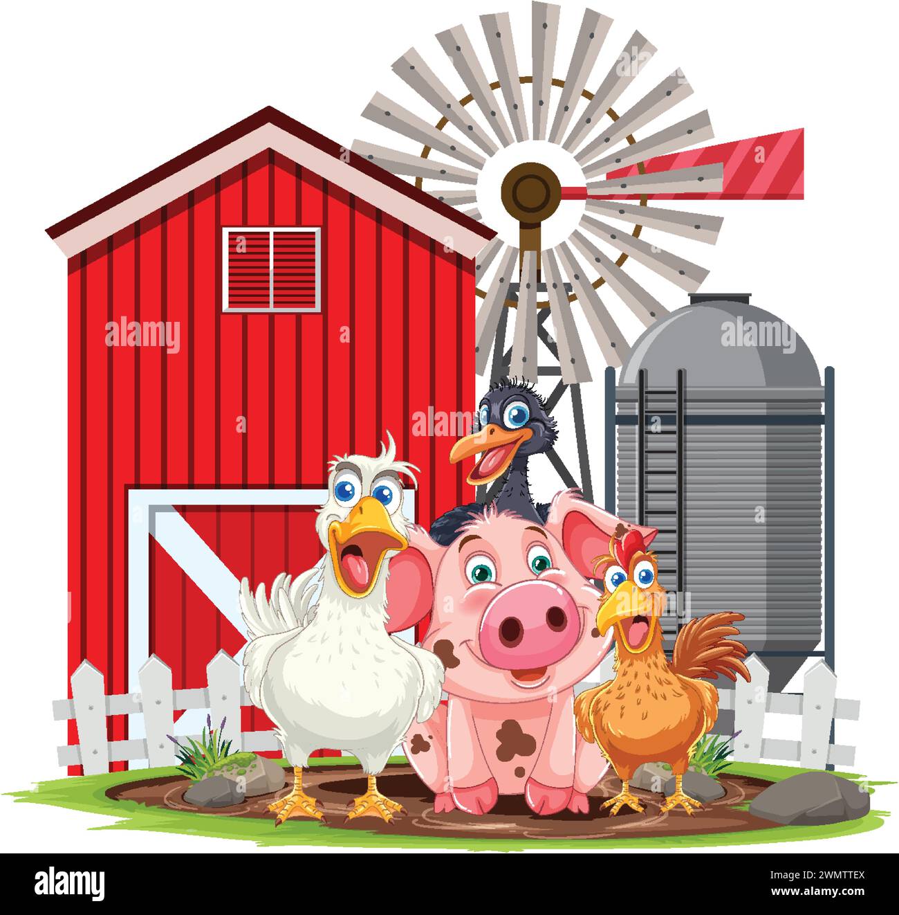 Cartoon farm animals in front of a red barn Stock Vector Image & Art ...
