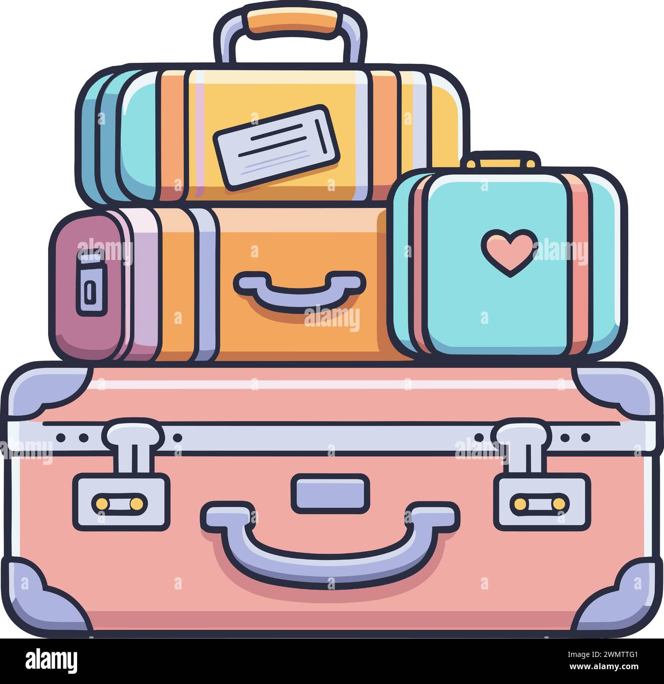 Isolated stack of colorful pastel luggage, cute drawing cartoon illustration, graphic design ...