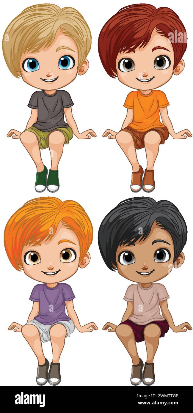 Four animated kids sitting, smiling, and looking forward Stock Vector ...
