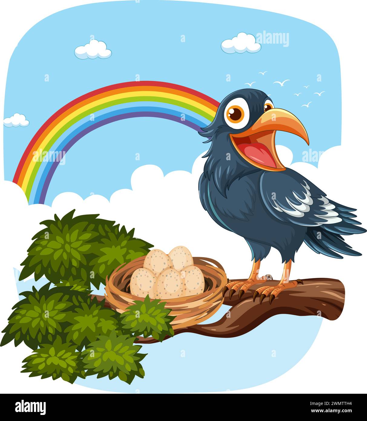Cartoon bird by nest with eggs under a rainbow Stock Vector Image & Art ...