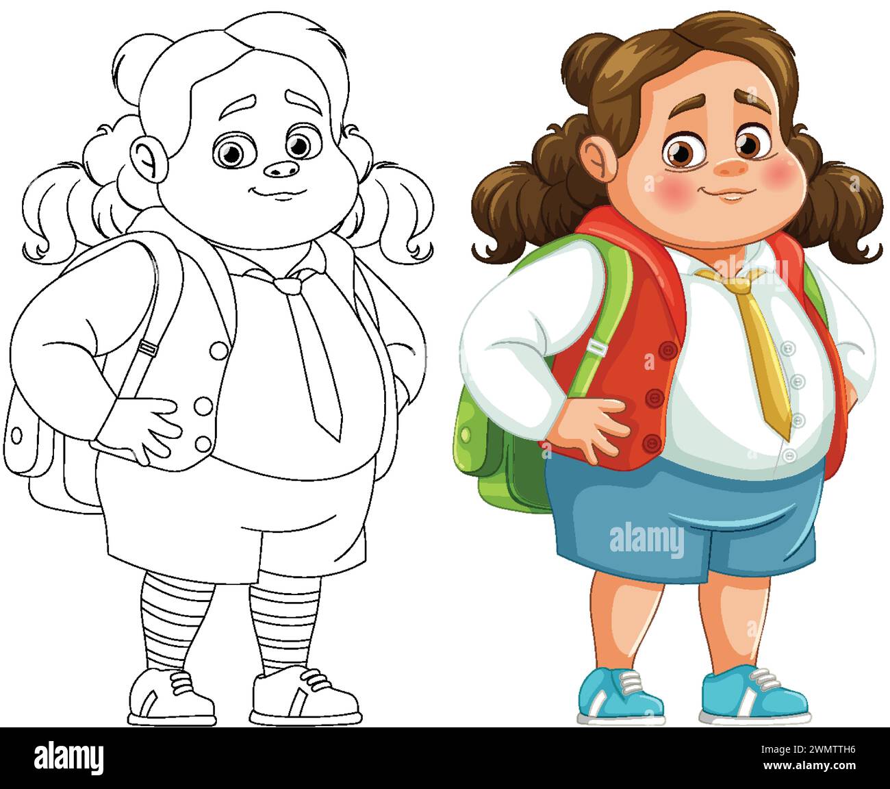 Colorful and line art drawings of a cheerful girl Stock Vector Image ...