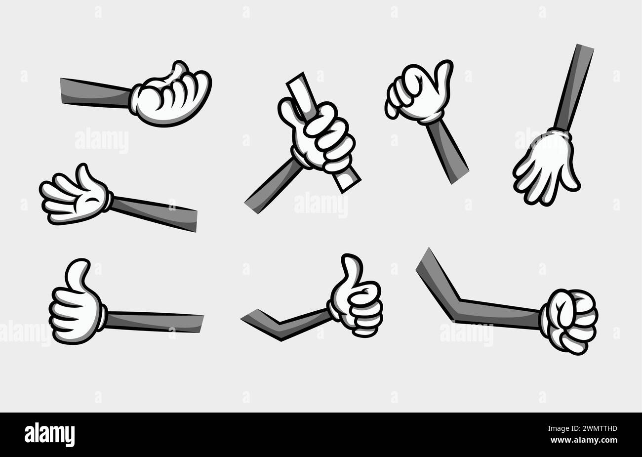 Black and white twelve different poses of cartoon hands. Isolated ...