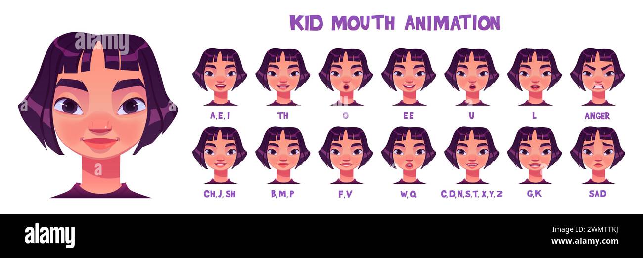 Kid girl kit for speaking animation creation. Cartoon vector ...