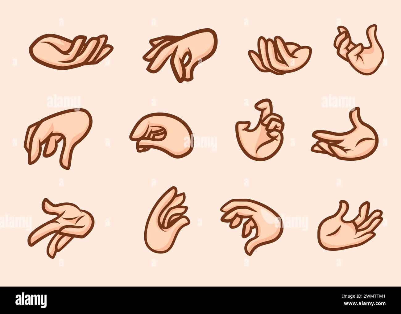 Twelve different poses of cartoon hands. Isolated mascot hand ...