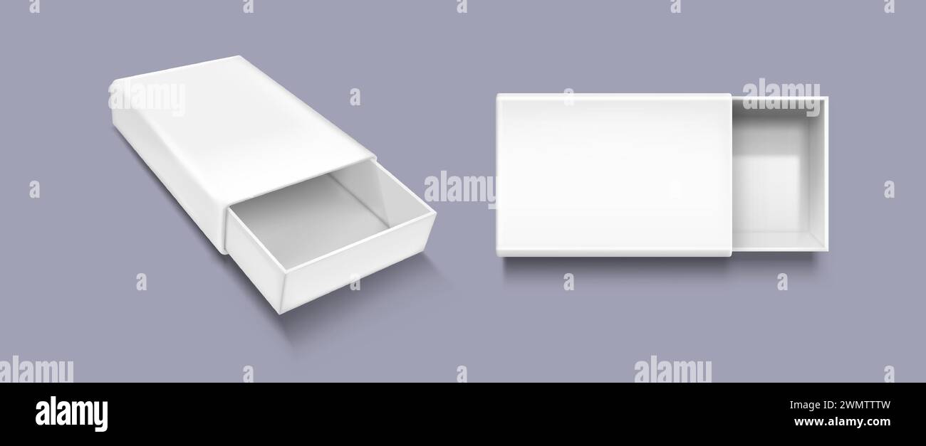 Open slide box mockup. Realistic vector illustration set of white blank ...
