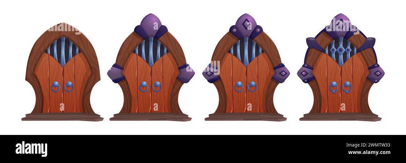 Medieval castle or dungeon double wooden door in form of arch with ...