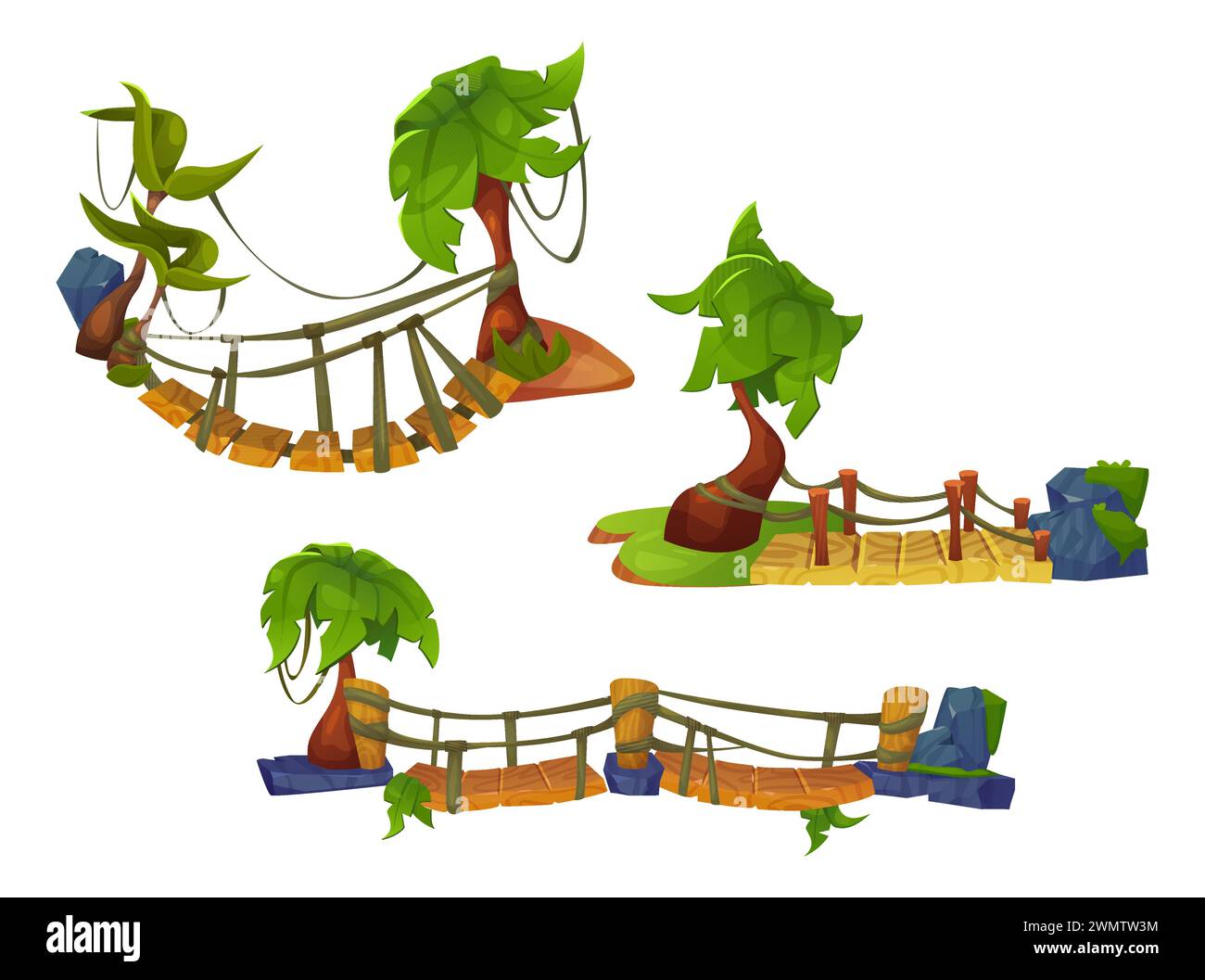 Rope bridges set isolated on white background. Vector cartoon ...