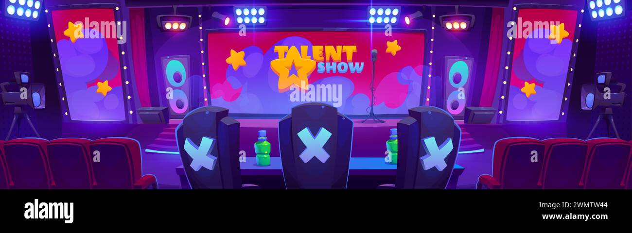 Talent show setup in big hall with micro and loudspeakers on scene ...
